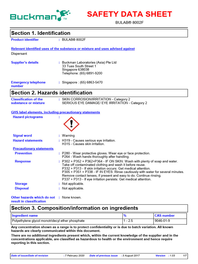 Blb8002f Sds Sgp Eng Wt Act | PDF | Waste | Waste Management