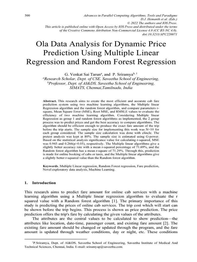 Ola Data Analysis For Dynamic Price Prediction Usi Pdf Mean Squared Error Coefficient Of 0310