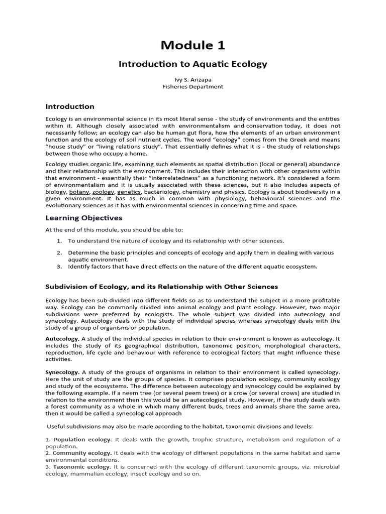 Module 1. Intro To Aquatic Ecology | PDF