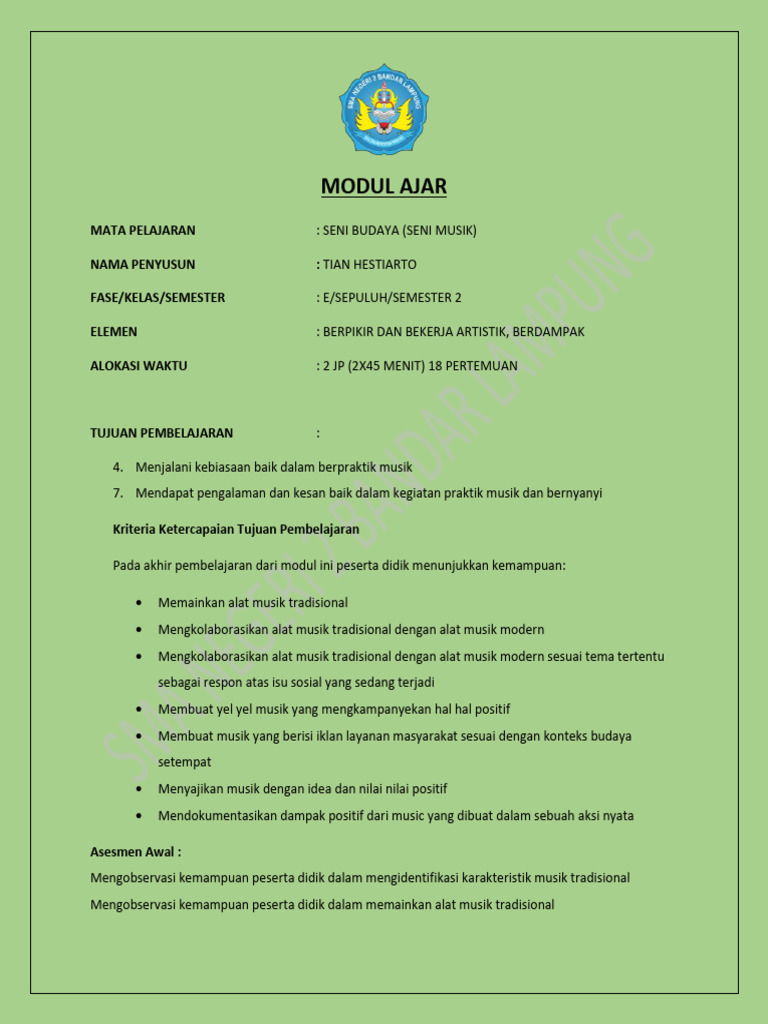 Modul Ajar Seni Musik - Alat Musik Tradisional Dan Modern - Fase E | PDF