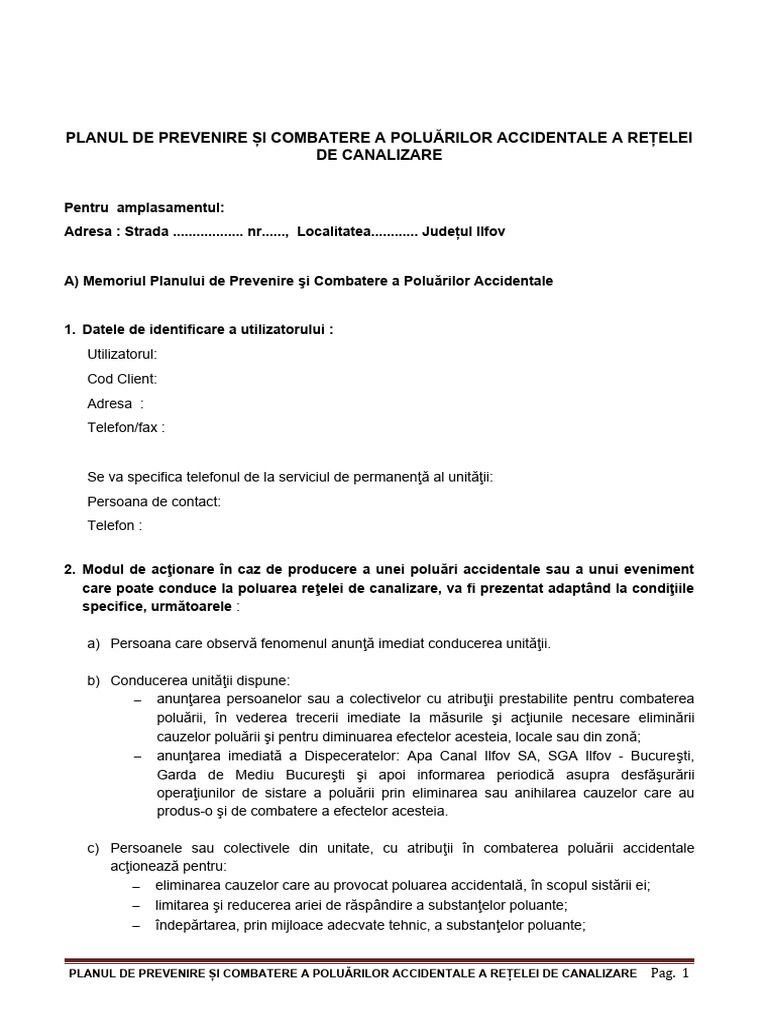 MODEL - Plan de Prevenire Si Combatere A Poluarilor Accidentale | PDF
