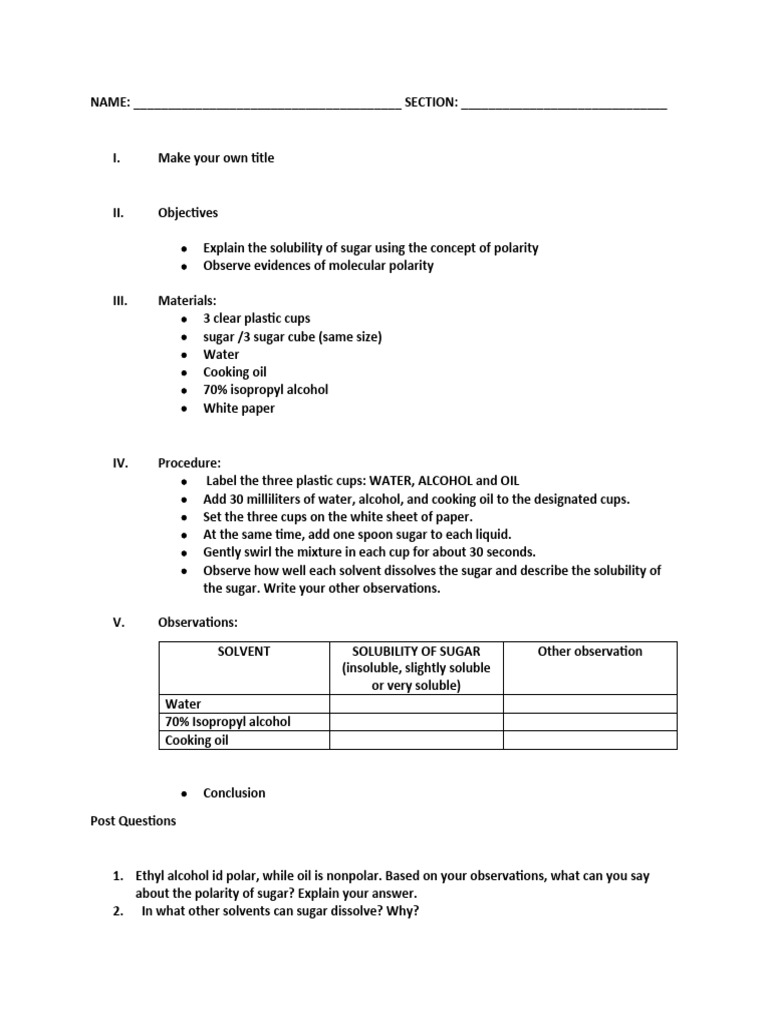 Sugar Solubility and Polarity Experiment | PDF