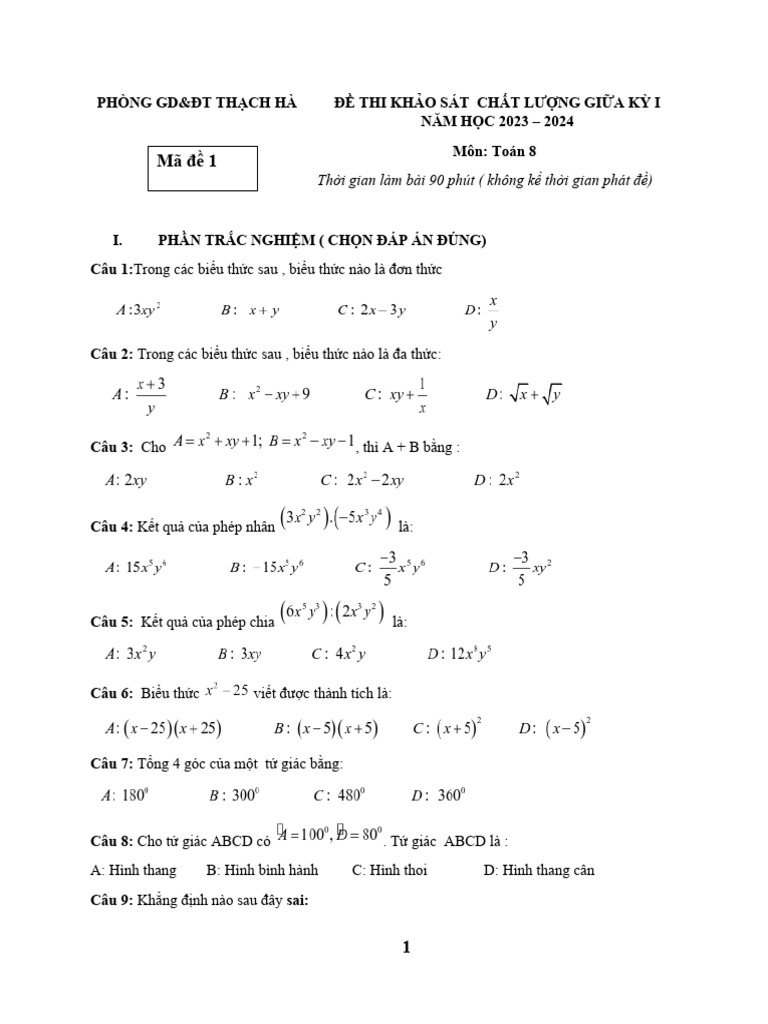 Đề Minh Họa Gki Toan 8 | PDF