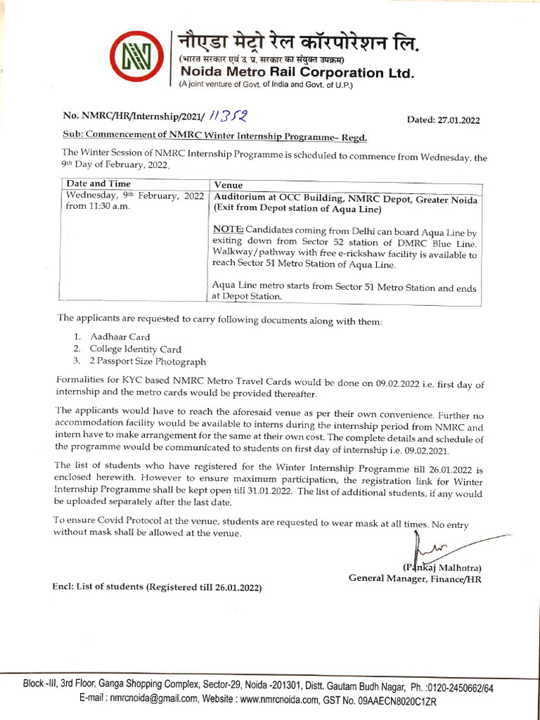 Notice For Commencement of NMRC Winter Internship Programme | PDF