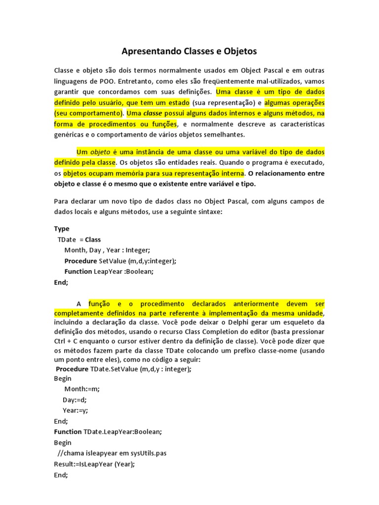 Do Classes E Objetos No Delphi Pdf Classe Programação De