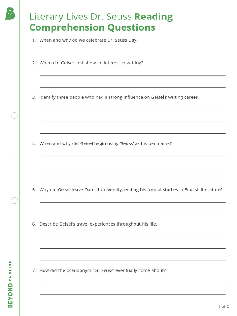 5.Dr Seuss Reading Comprehension Questions - Higher Ability | PDF ...