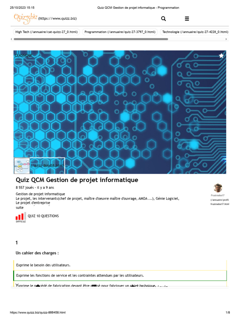 Quiz QCM Gestion de Projet Informatique - Important | PDF