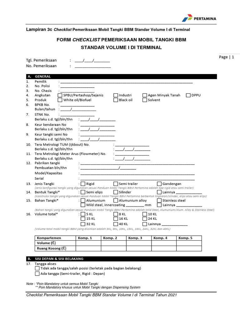 Form Checklist Audit Terminal Mobil Tangki BBM 2021 | PDF