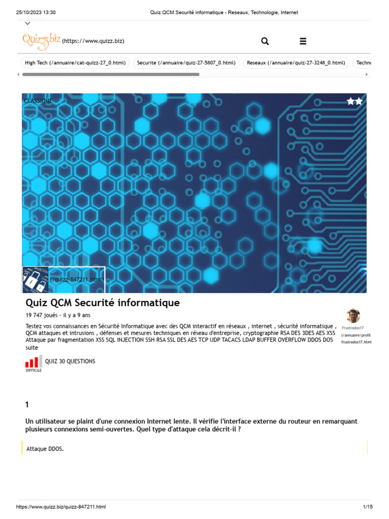 Quiz QCM Securité Informatique - Reseaux, Technologie, Internet | PDF