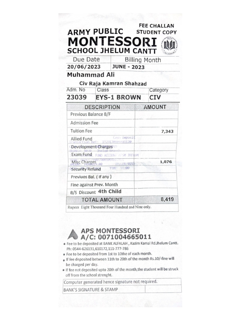 Montessori School Fee Form | PDF