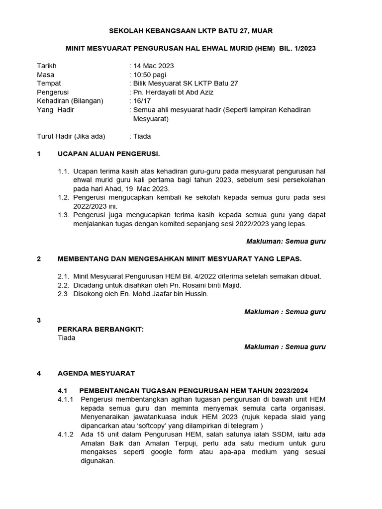 Minit Mesyuarat HEM 1 2023 | PDF