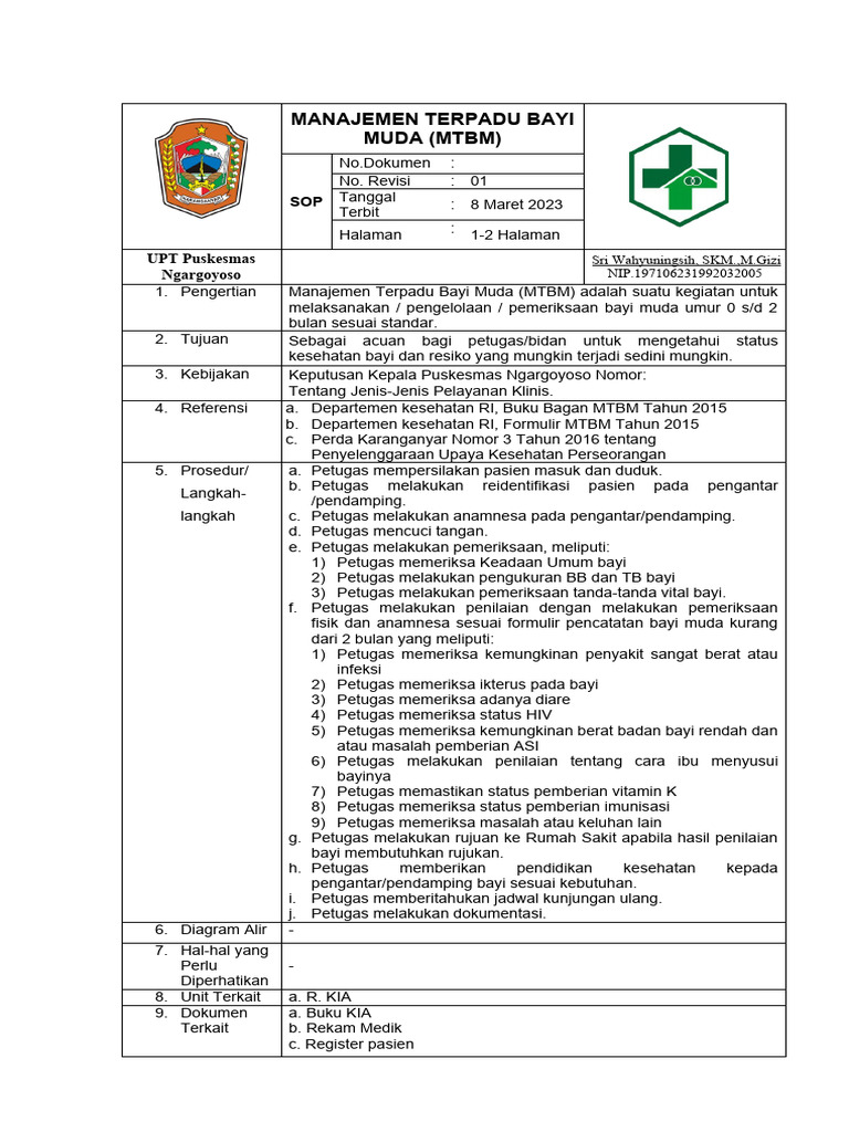 Sop Manajemen Terpadu Bayi Muda (MTBM) 2023 | PDF