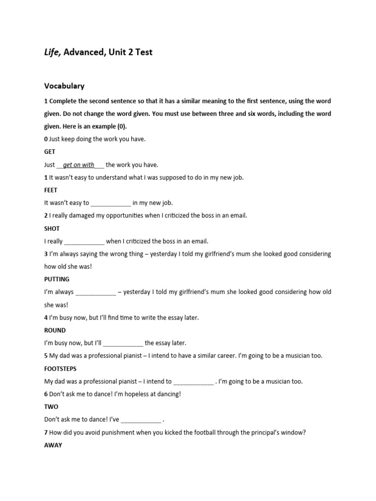 Life 2e - Advanced - Unit 2 Test - Word | PDF | Unemployment | Offshoring