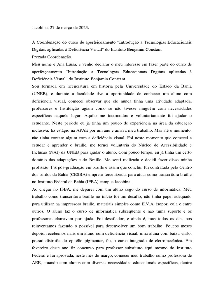 Carta IBC | PDF | Deficiência visual | Tecnologia educacional Carta IBC | PDF | Deficiência visual | Tecnologia educacional