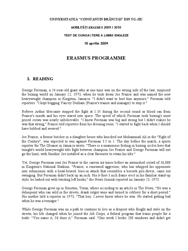 Test Engleza ERASMUS Model | PDF | Sports | Wellness