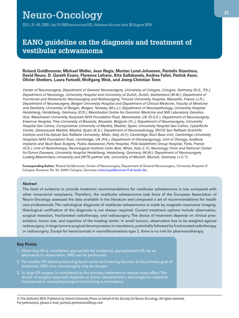 EANO Guideline On The Diagnosis and Treatment of Vestibular Schwannoma ...