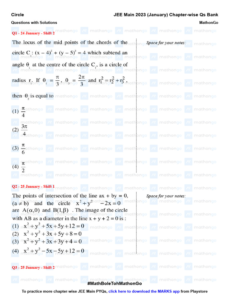 Circle - JEE Main 2023 January Chapter Wise Questions by MathonGo | PDF