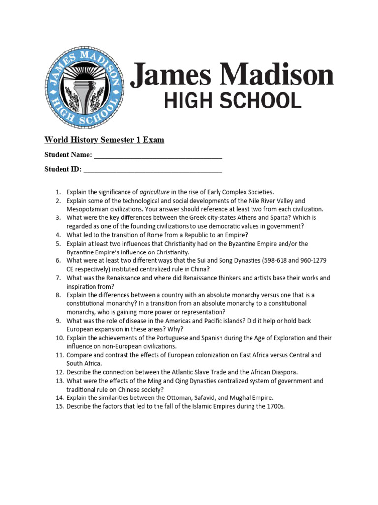 World History Semester 1 Exam Overview | PDF