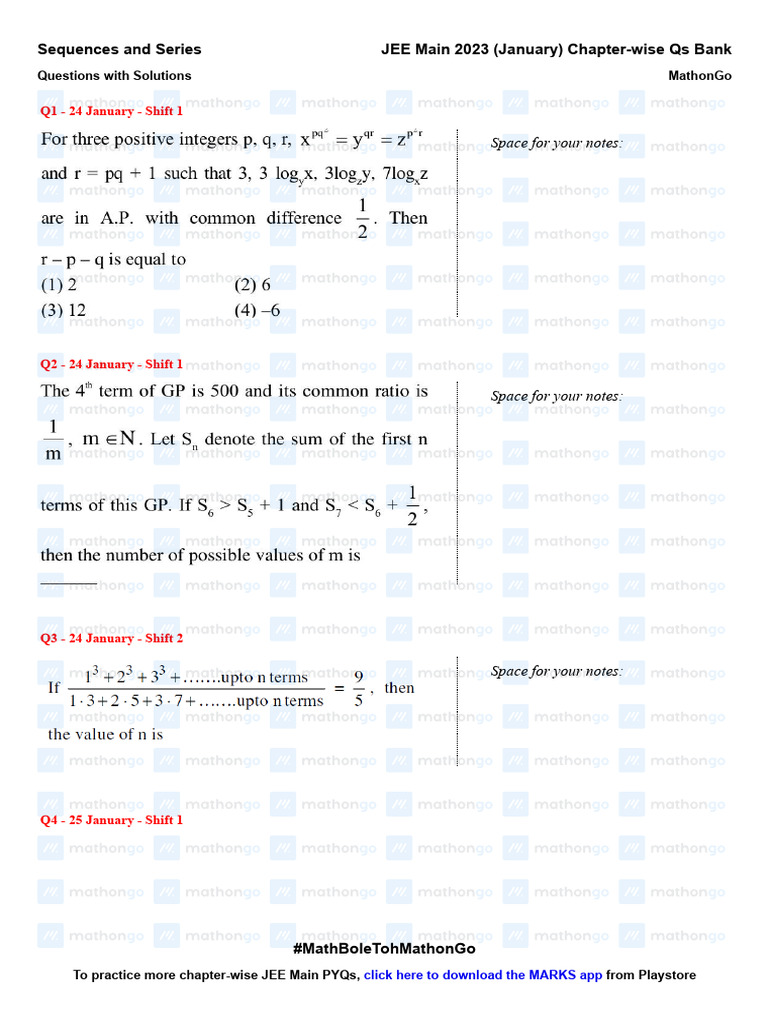 Sequences and Series - JEE Main 2023 January Chapter Wise Questions by MathonGo | PDF