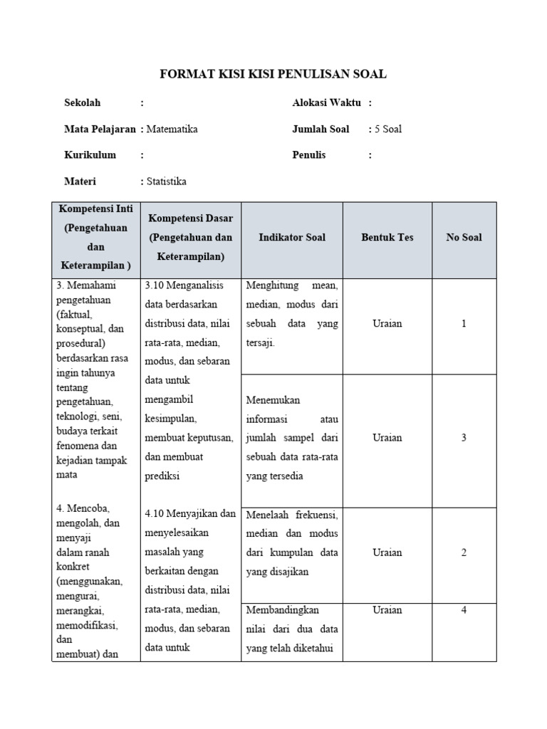 Kisi-kisi Soal Matematika Statistika | PDF | Metode & Bahan Ajar ...