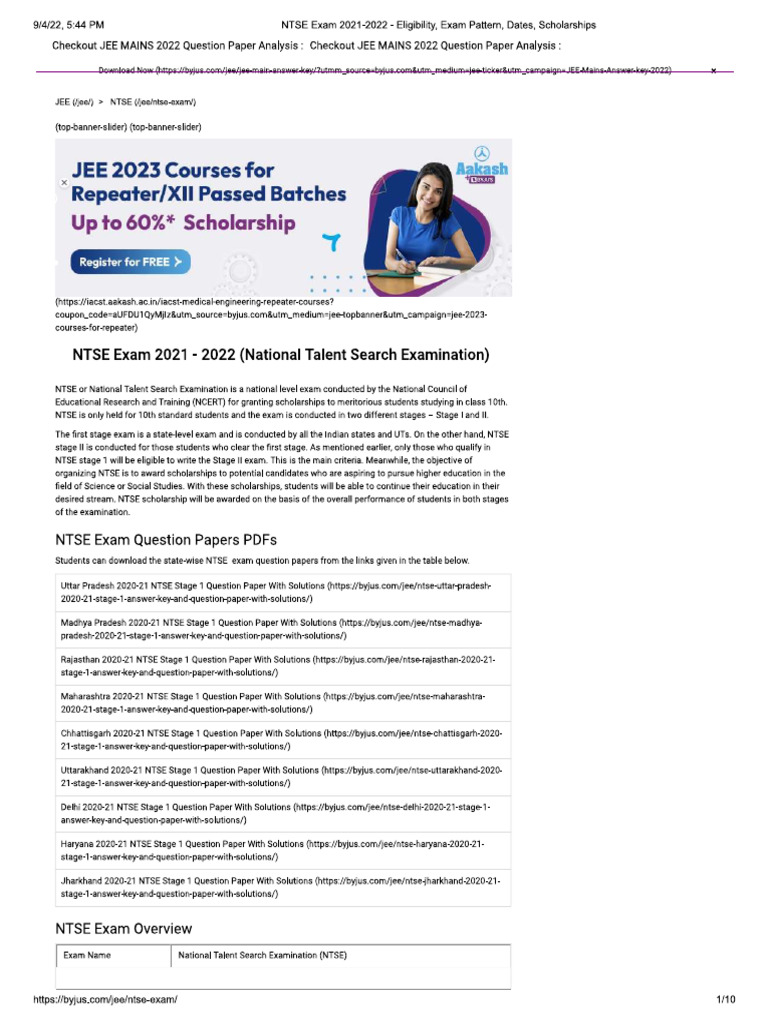 NTSE About-Byjus | PDF