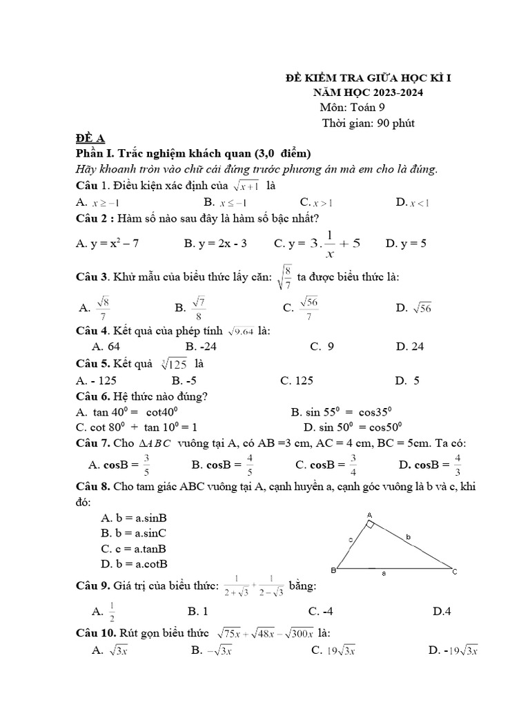 De Giua Hoc Ki 1 Toan 9 Nam 2023 2024 | PDF
