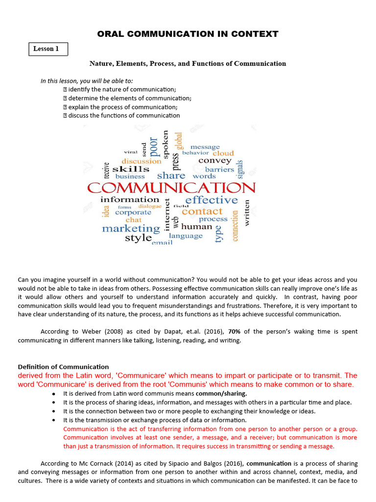 Lesson 1 - Nature, Elements, Process, and Functions of Communication | PDF | Communication ...