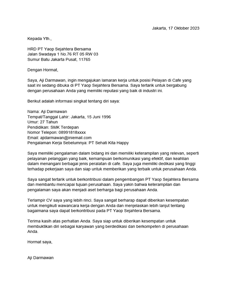 Surat Lamaran Kerja Cafe | PDF
