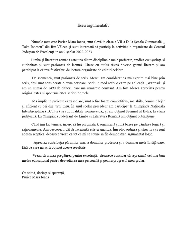 Eseu Argumentativ Mara Purice Clasa A VII-a | PDF