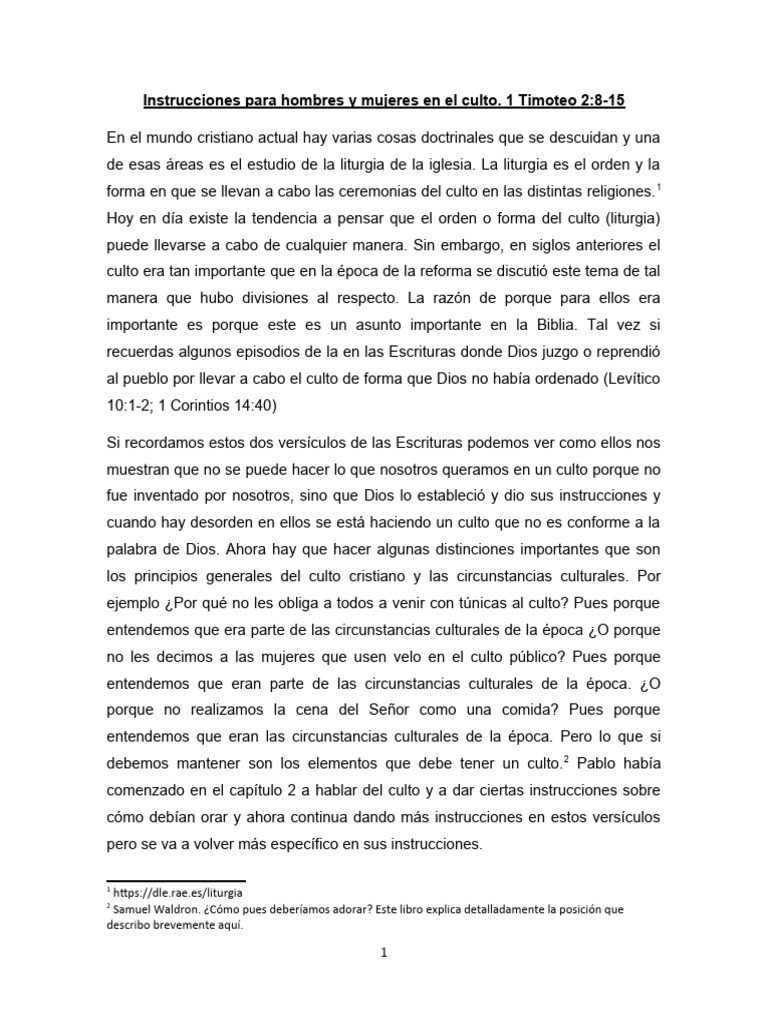Intrucciones para Hombres y Mujeres en El Culto. 1 Timoteo 2-8-15 | PDF | Oración | Pablo el apóstol