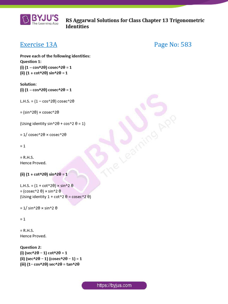 RS Aggarwal Solution Class 10 Maths Chapter 13 Trigonometric Identities Exercise 13A | PDF ...