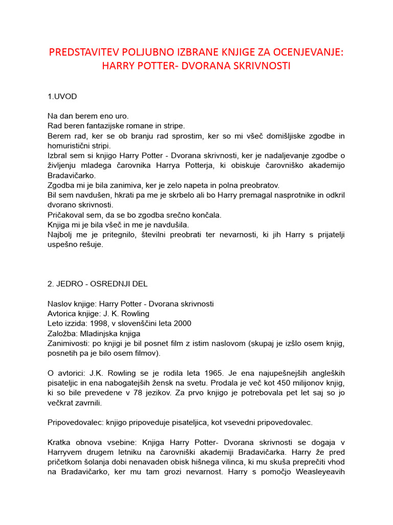 Predstavitev Poljubno Izbrane Knjige Za Ocenjevanje | PDF