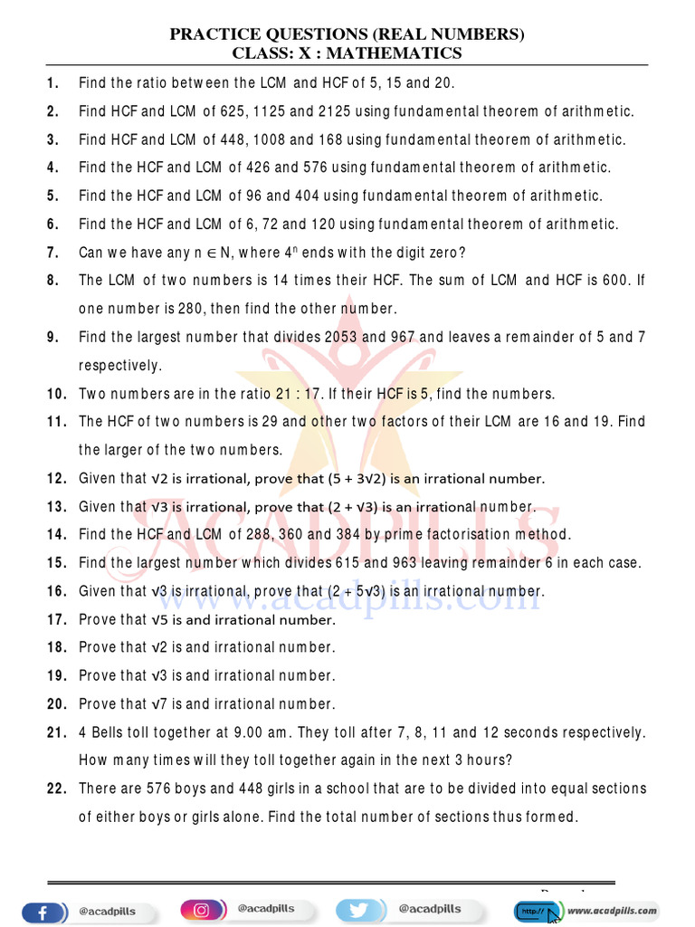 Real Numbers Practice Questions Class X | PDF | Numbers | Rational Number