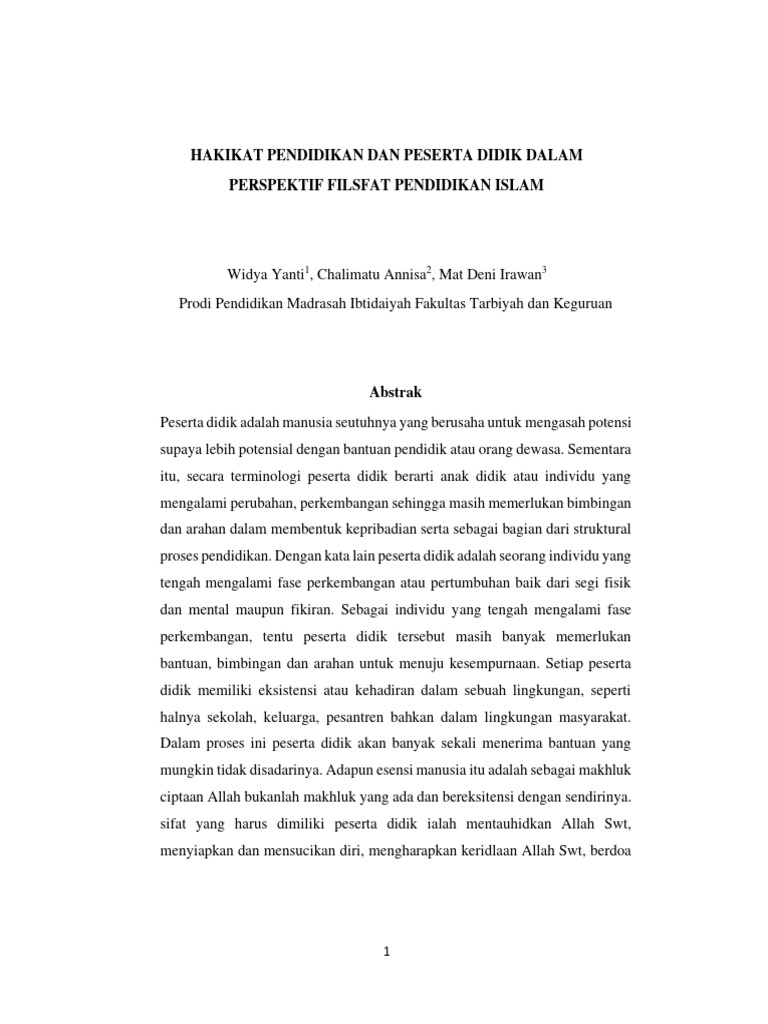 Jurnal - Hakikat Pendidikan Dan Peserta Didik Dalam Perspektif Filsfat Pendidikan Islam | PDF
