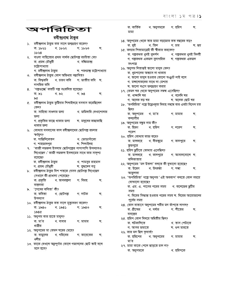 HSC Bangla MCQ Answer Version | PDF