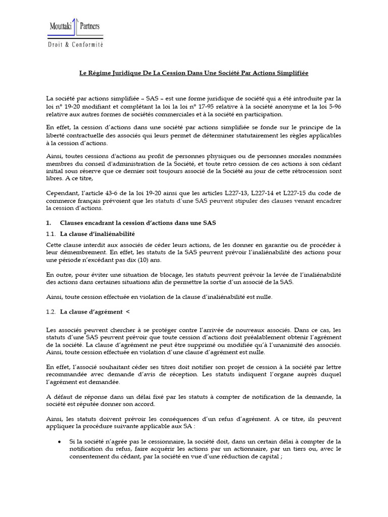 Le Régime Juridique de La Cession Dans Une Société Par Actions ...