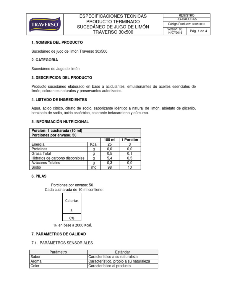 Especificaciones Técnicas Producto Terminado Sucedáneo de Jugo de Limón ...