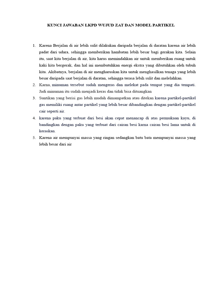 Kunci Jawaban LKPD Wujud Zat Dan Model Partikel | PDF