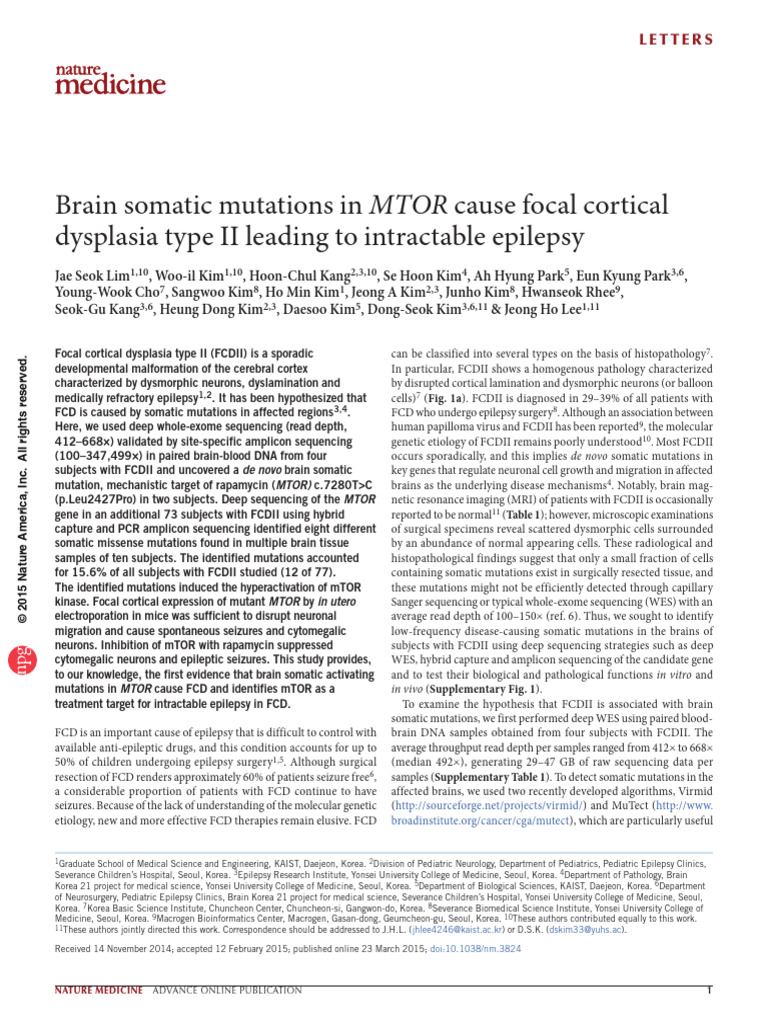 Lim - Brain Somatic Mutations in MTOR Cause FCDII | PDF | Cerebral ...