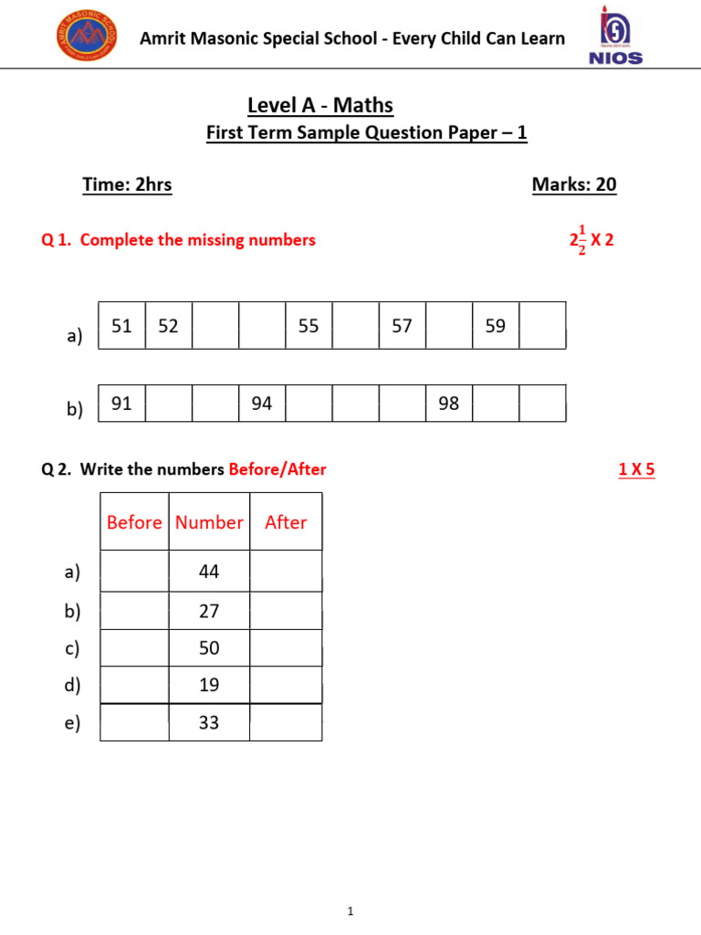 A-Maths Sample Question Paper 1 First Trem | PDF