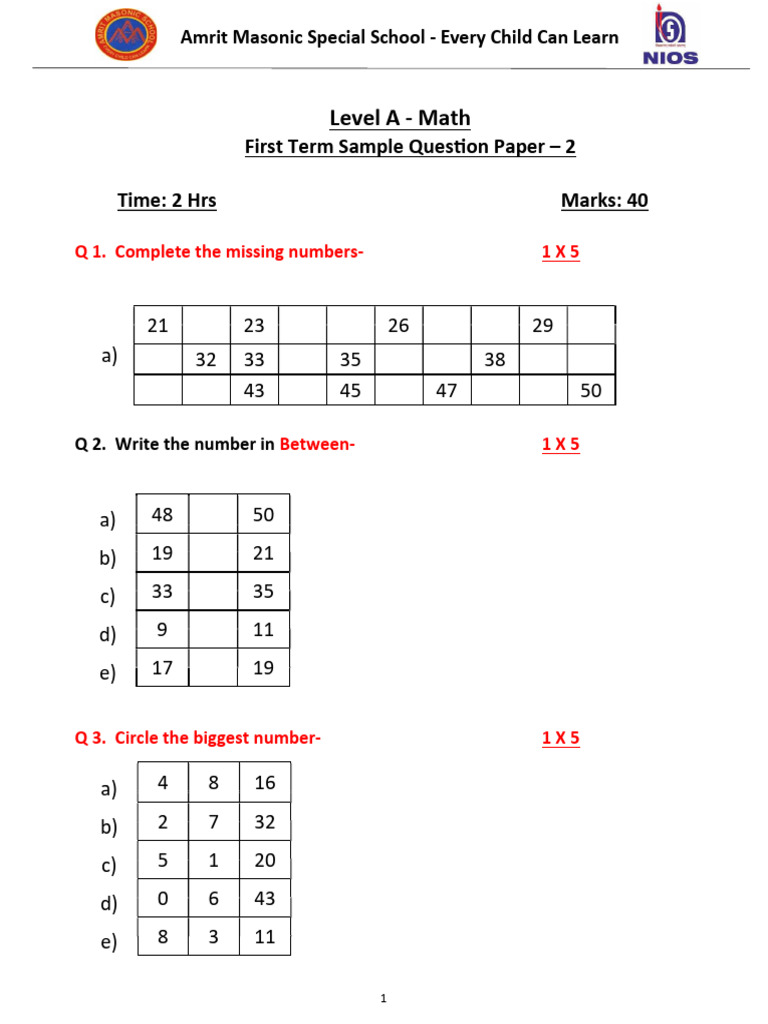 A Maths Sample Question Paper 2 First Trem Pdf