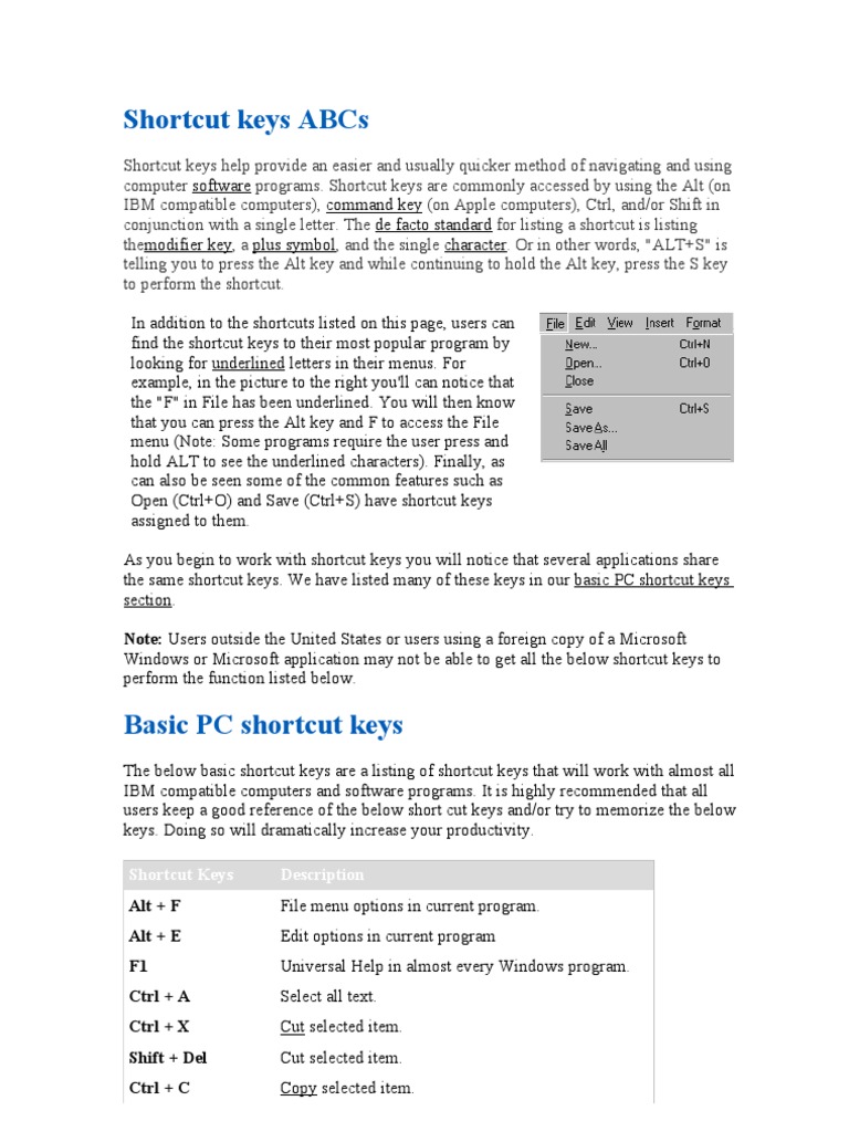 Shortcut Keys ABCs | PDF | Keyboard Shortcut | Graphical User Interfaces