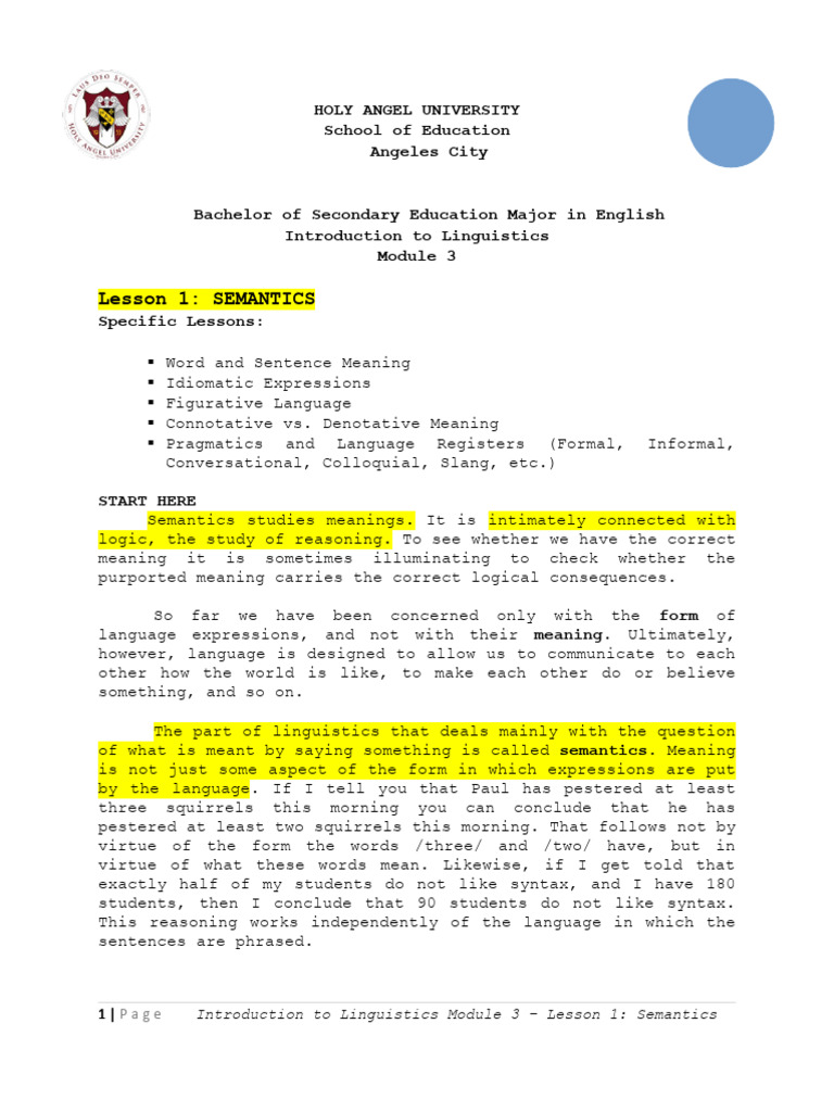 Module 3 - Lesson 1 - Semantics and Pragmatics | PDF | Cognitive ...