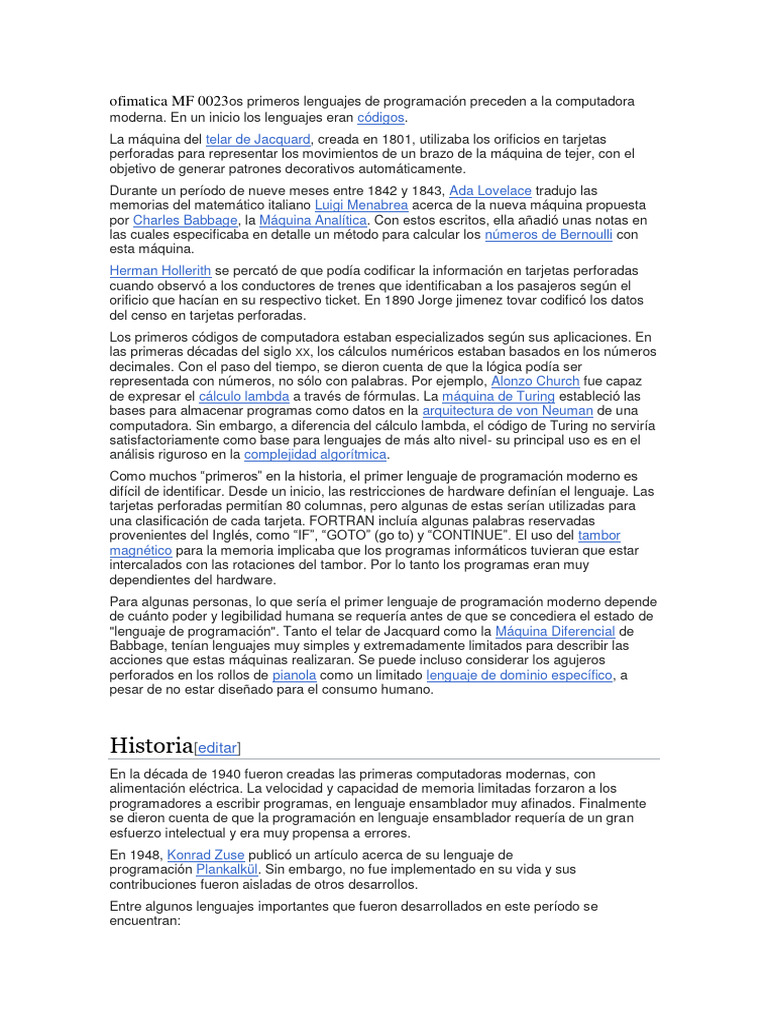 Ofimatica MF 0023os Primeros Lenguajes de Programación Preceden A La Computadora Moderna | PDF ...