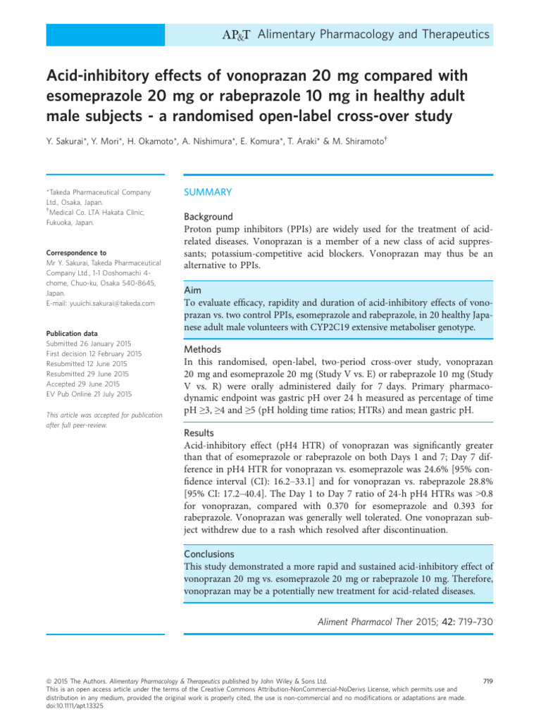 Acid-Inhibitory Effects of Vonoprazan 20 MG Compar | PDF | Pharmacology ...