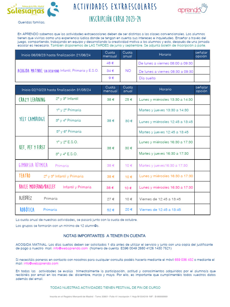2023-24 Inscripción Actividades Extraescolares ESS | PDF