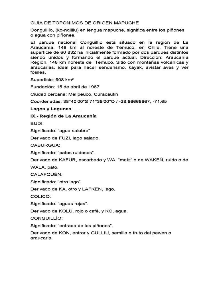 Toponimia Mapuche: Significados y Ejemplos | PDF | Ciencias sociales