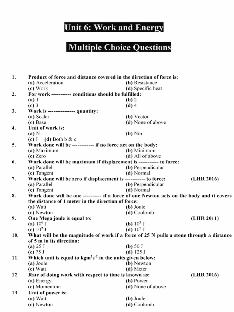 9th Class Physics Chapter 6 MCQs | PDF