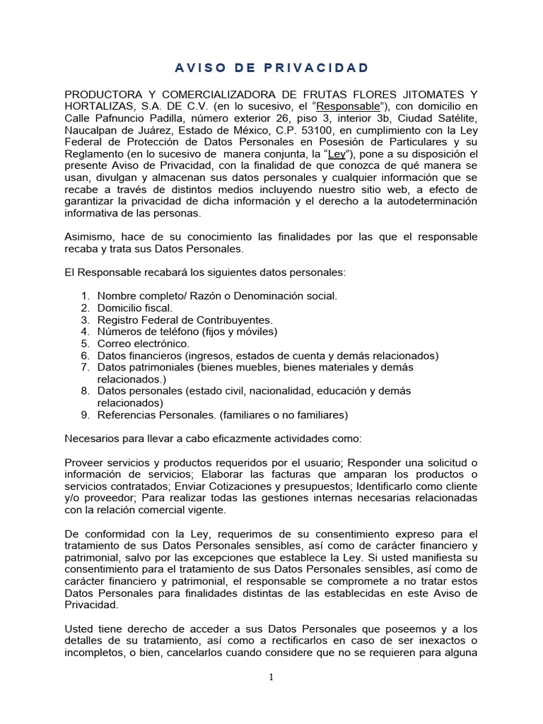 Machote Aviso de Privacidad | PDF | Privacidad en internet | Internet
