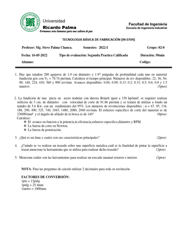 Segunda Practica Calificada Tec - Basic.fabricacion | PDF | Perforar ...